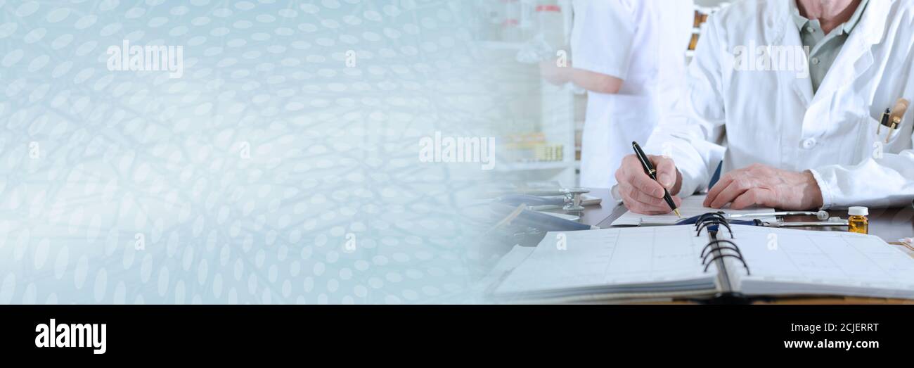 Doctor holding taking notes in medical office; panoramic banner Stock ...