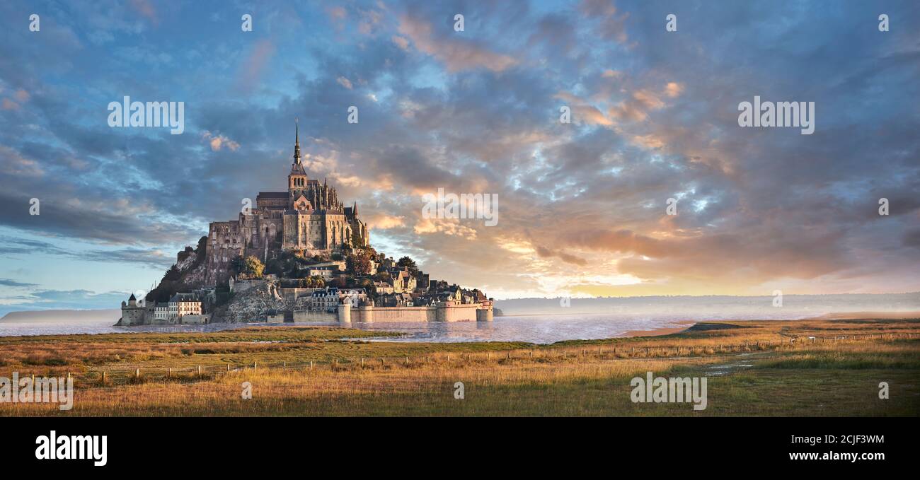 Scenic sunset view of the tidal island of Mont Saint Michel at high ...