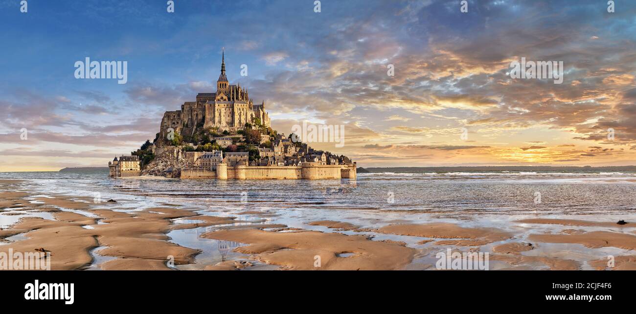 Scenic sunset view of the tidal island of Mont Saint Michel at high ...