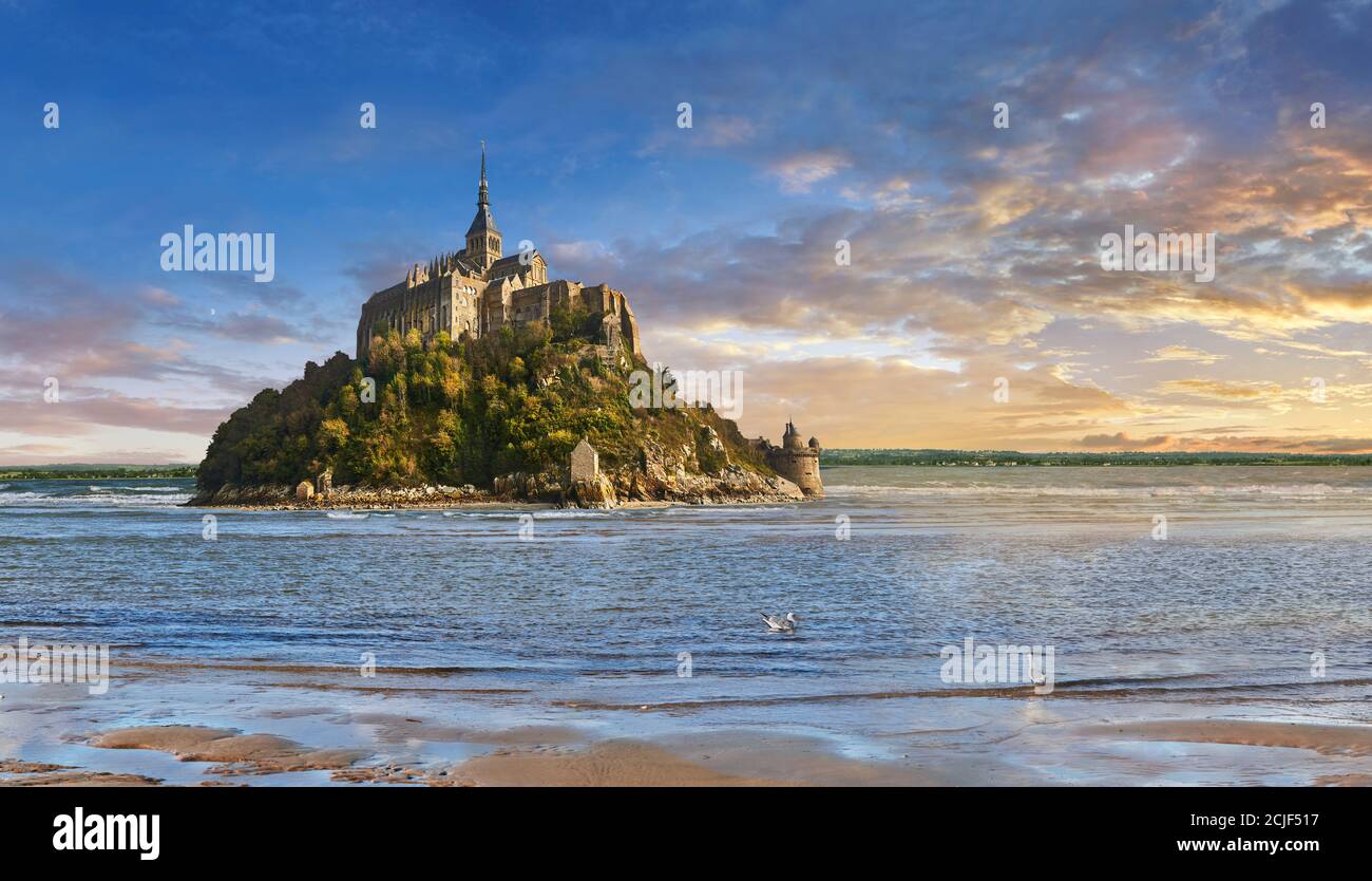 Scenic sunset view of the tidal island of Mont Saint Michel at high ...