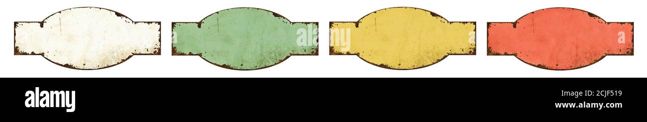 Four empty vintage tin signs on a white background Stock Photo - Alamy