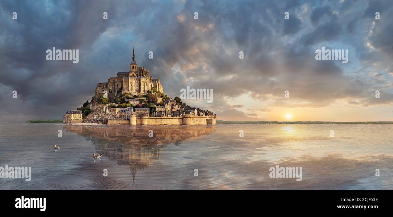 Scenic sunset view of the tidal island of Mont Saint Michel at high ...