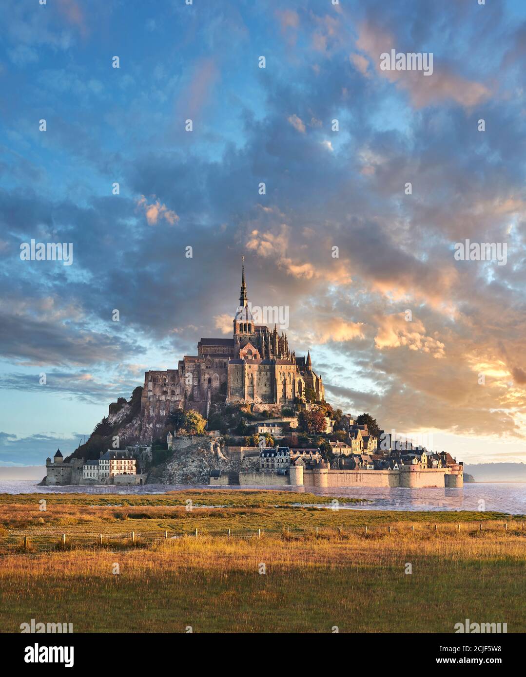 Scenic view of the tidal island of Mont Saint Michel at high tide ...