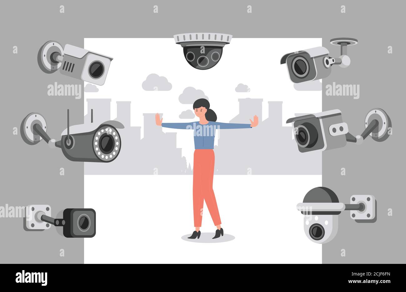 Security cameras scanning young woman vector flat illustration. Face ...