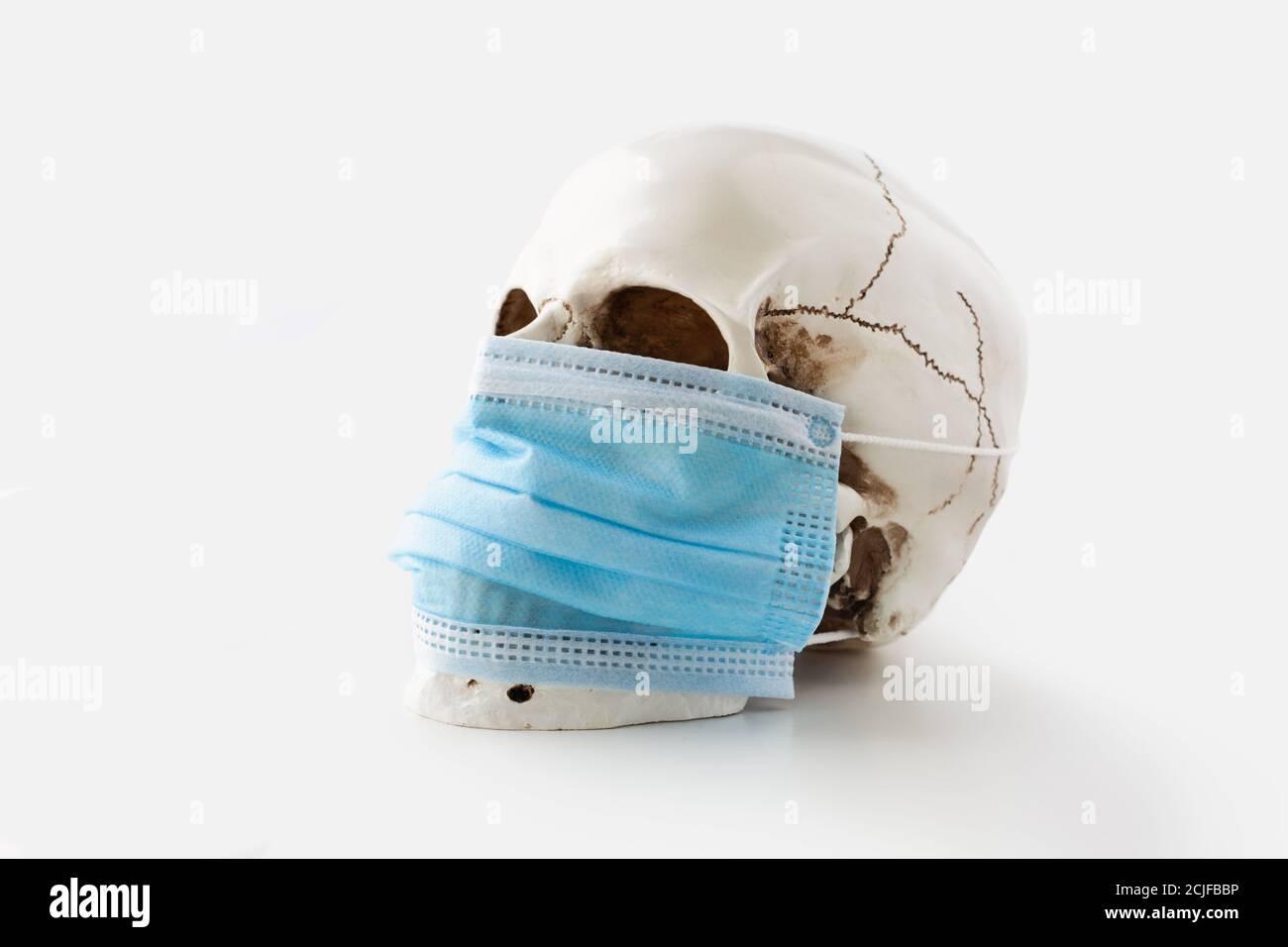 Human skull wearing blue surgical mask on white background, side view ...