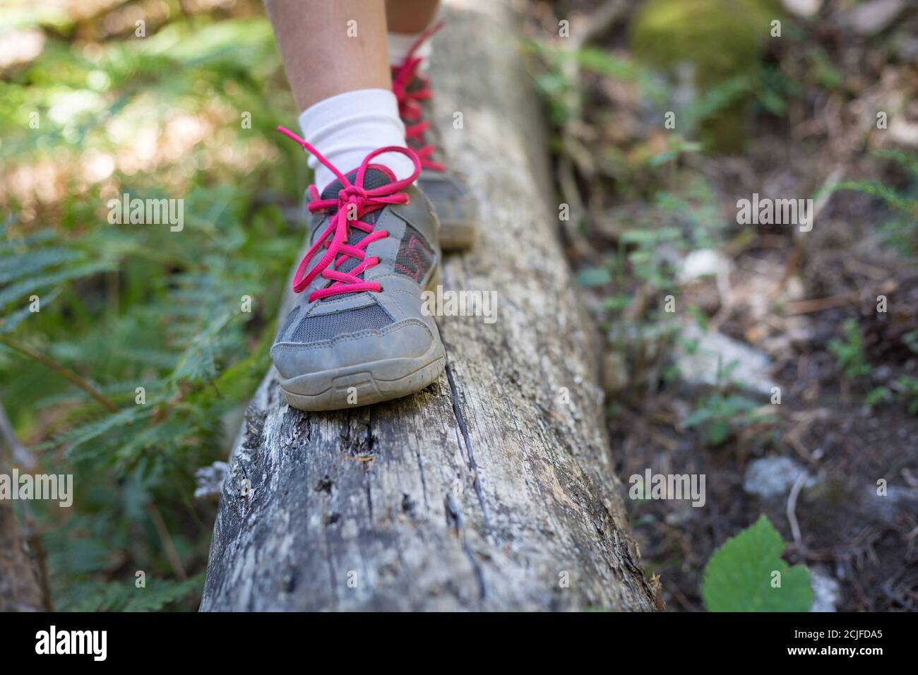 Close up of a girl's feet in hiking shoes walking and balancing on a ...