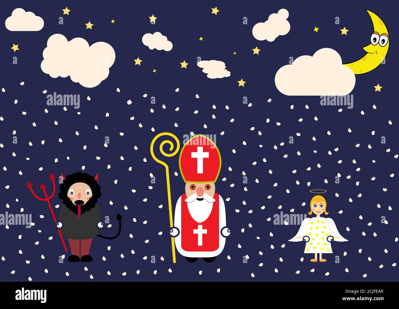 Cute cartoon greeting card with Saint Nicholas, angel and devil ...