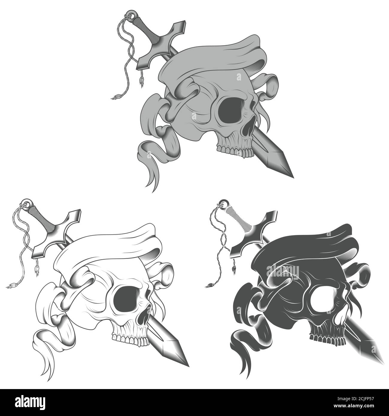 Illustration skull in profile with sword and ribbon. traditional art ...