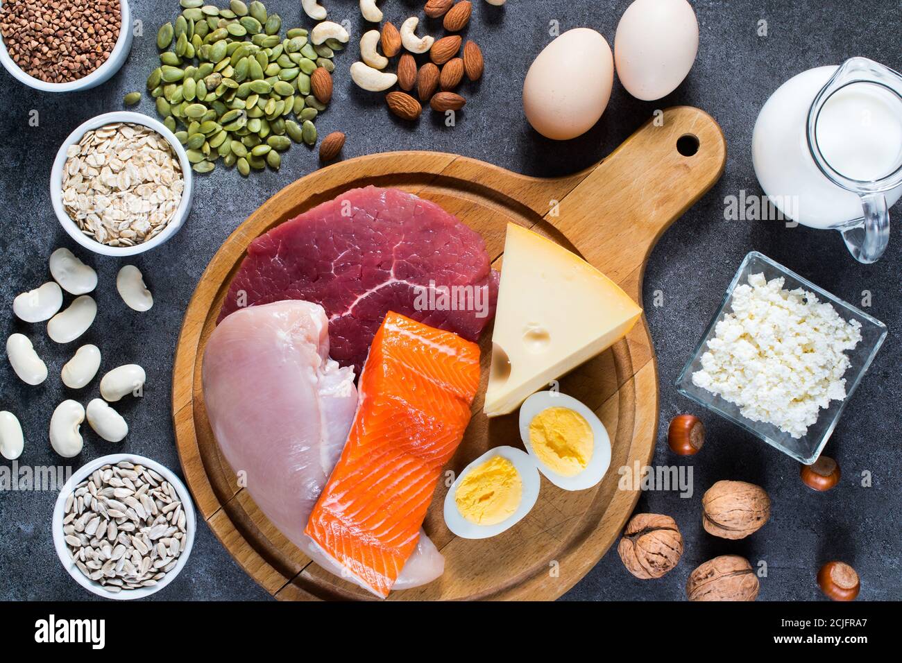 High protein food for body builders as meat, fish, dairy, eggs ...