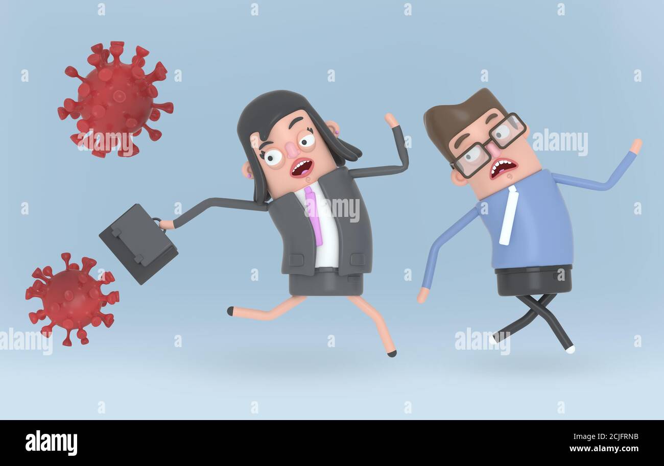 Scared business people run because this partner is contagious by virus ...