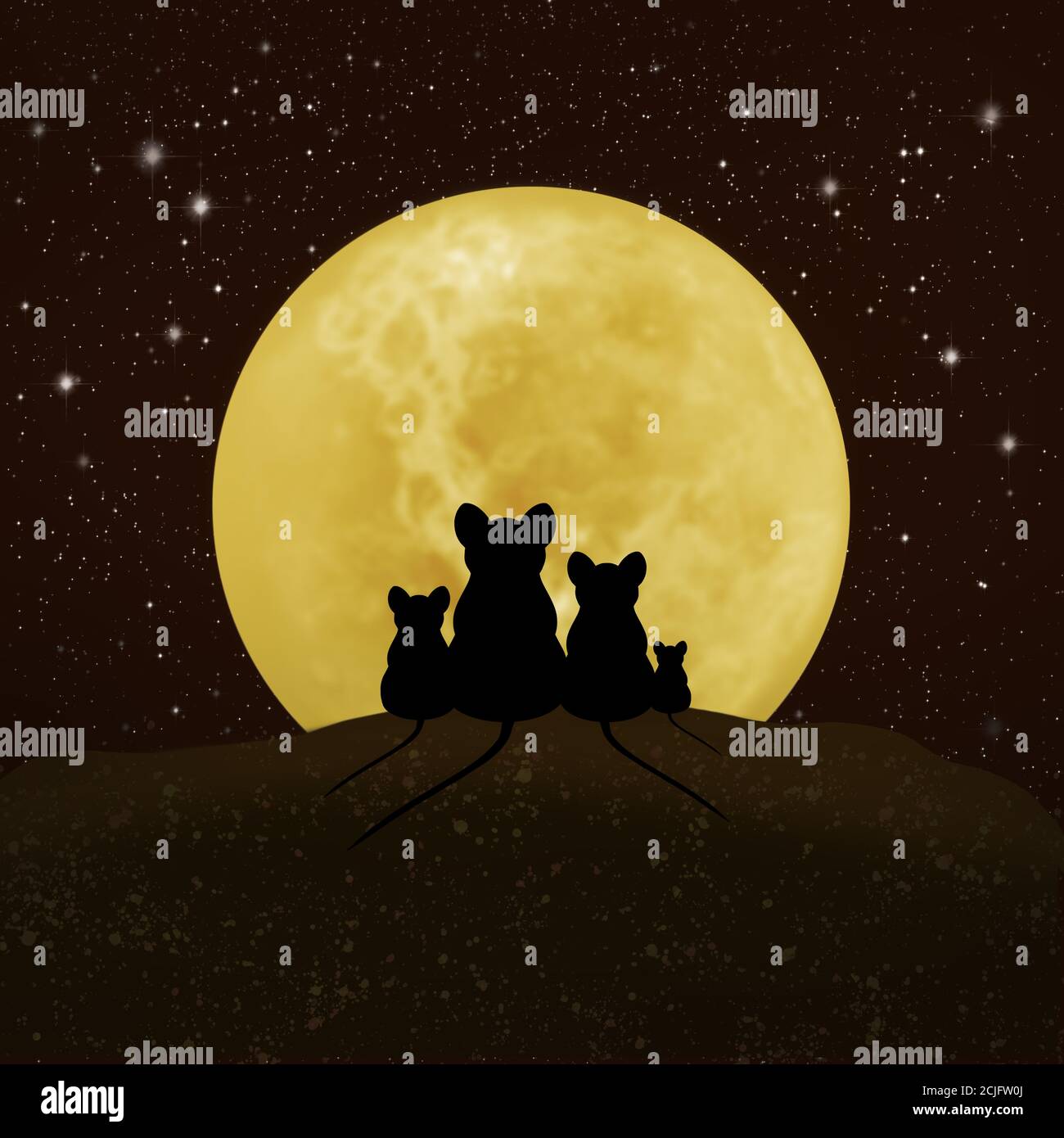 A family of mice looking at the moon and the starry sky. Four mice on ...