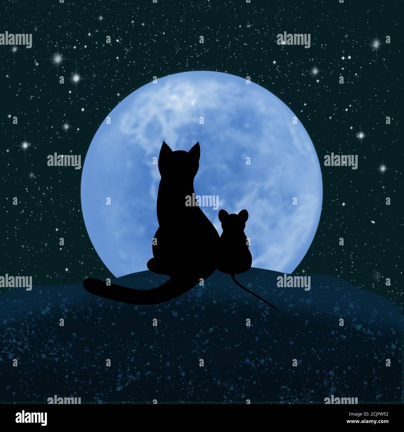 Cat and mouse looking at the moon and the starry sky. Blurred Moon ...