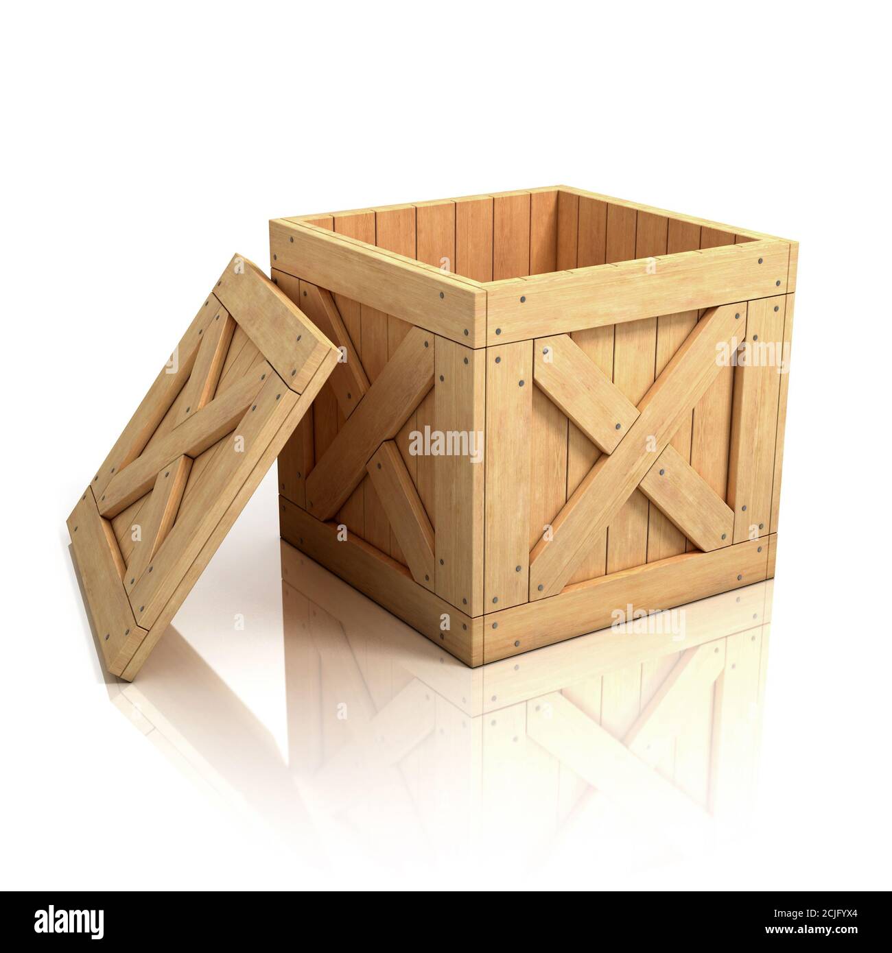 Open wooden crate, cargo box isolated on white background 3d rendering ...