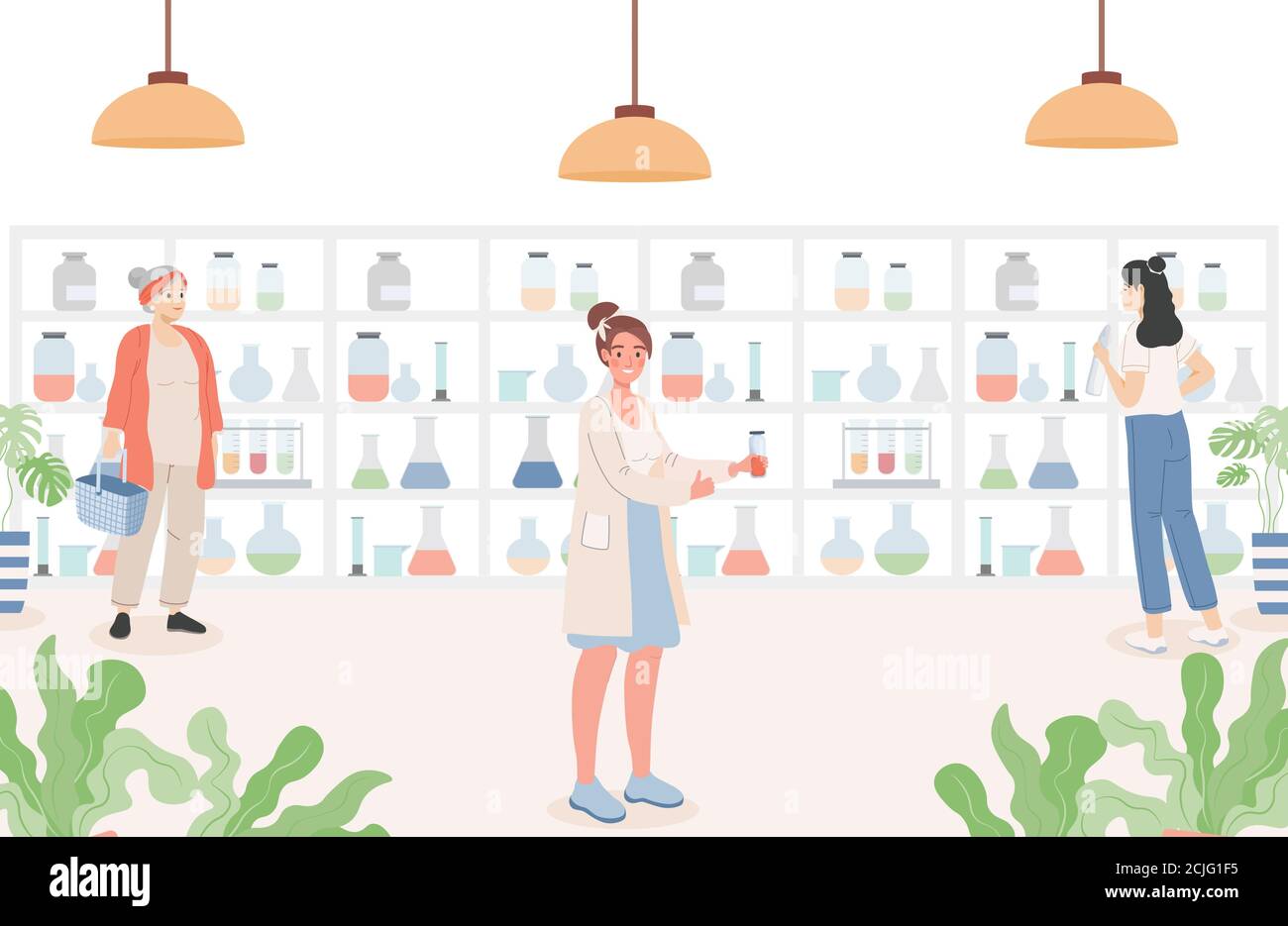 People in the pharmacy vector flat illustration. Drugstore interior ...