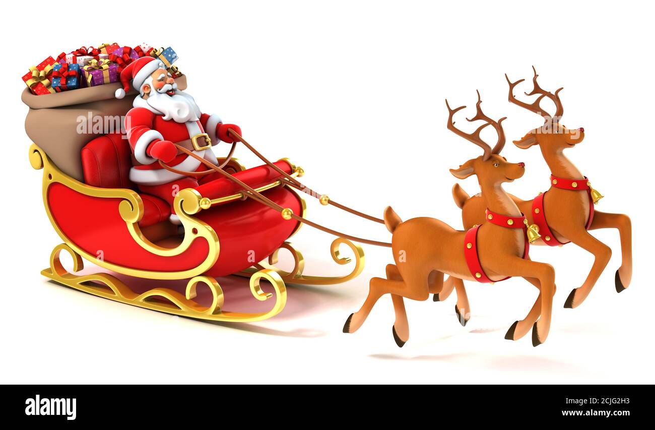 Santa Claus with sledge, deers and Christmas presents Stock Photo - Alamy