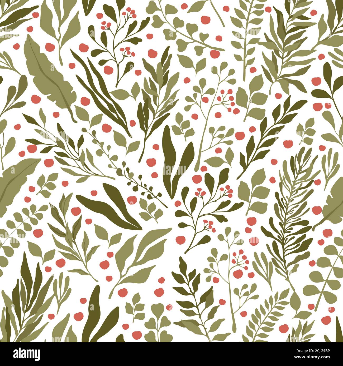 Green leaves, branches, and red berries seamless pattern. Summer or ...