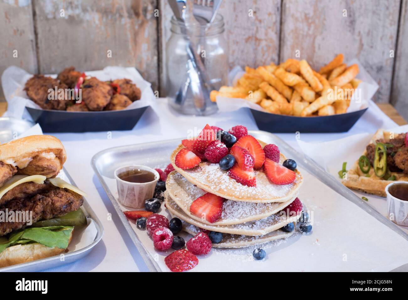 Pancakes syrup burger fries hi-res stock photography and images - Alamy