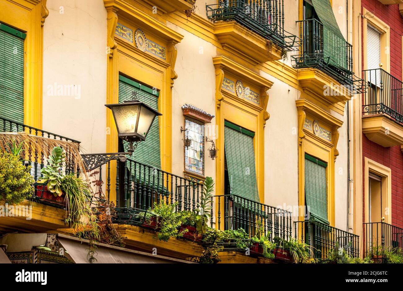SEVILLE, SPAIN - March Circa, 2020. Typical facade wall house in street ...