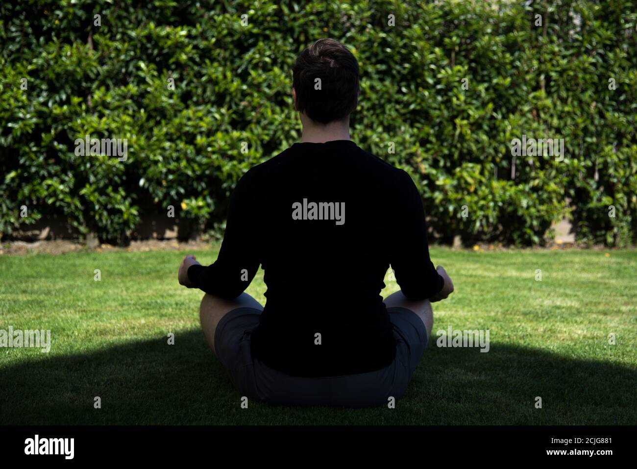 Back view of a young male doing the lotus yoga position outdoors Stock ...