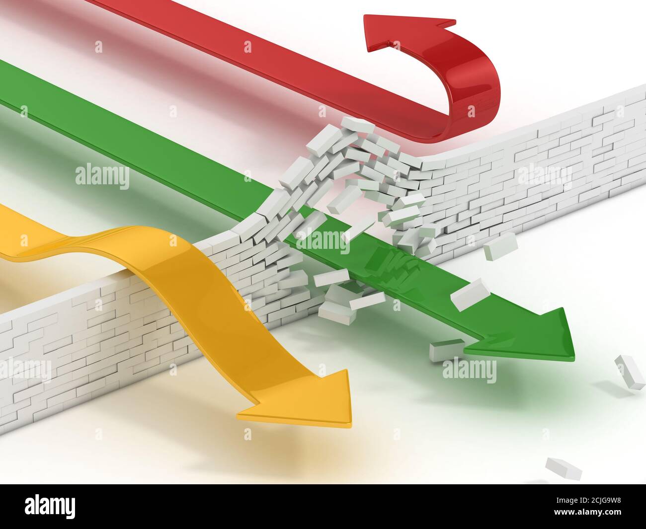 arrows breaking or passing brick wall abstract 3d illustration - power ...
