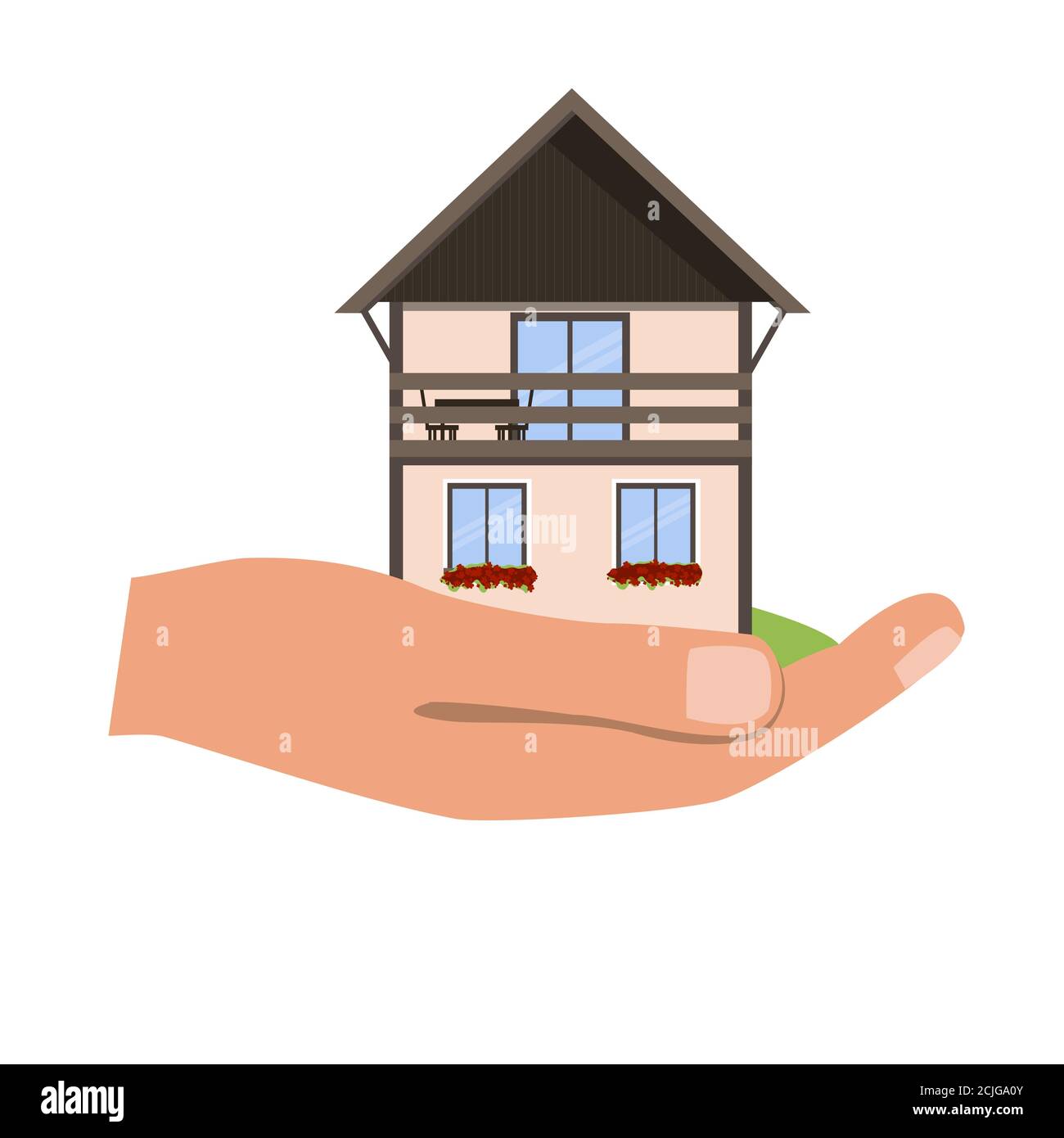 Hand holding cosy home house in palm. Vector illustration on white ...