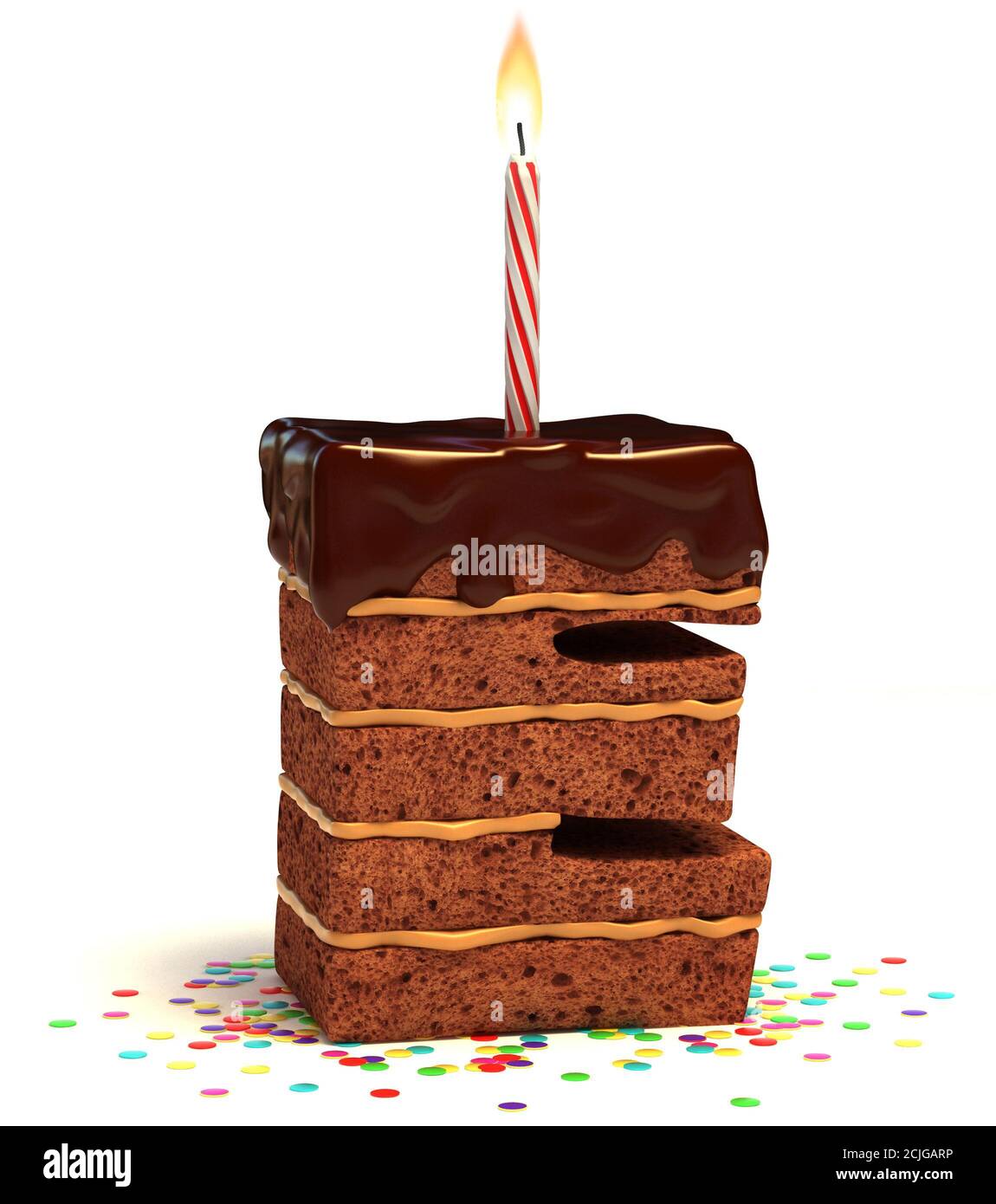 chocolate birthday cake with lit candle and confetti 3d font letter B ...