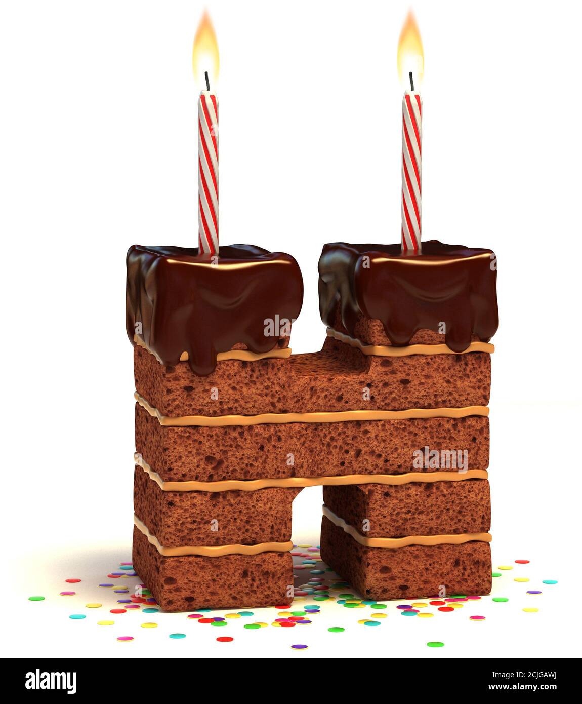 chocolate birthday cake with lit candle and confetti 3d font letter H ...