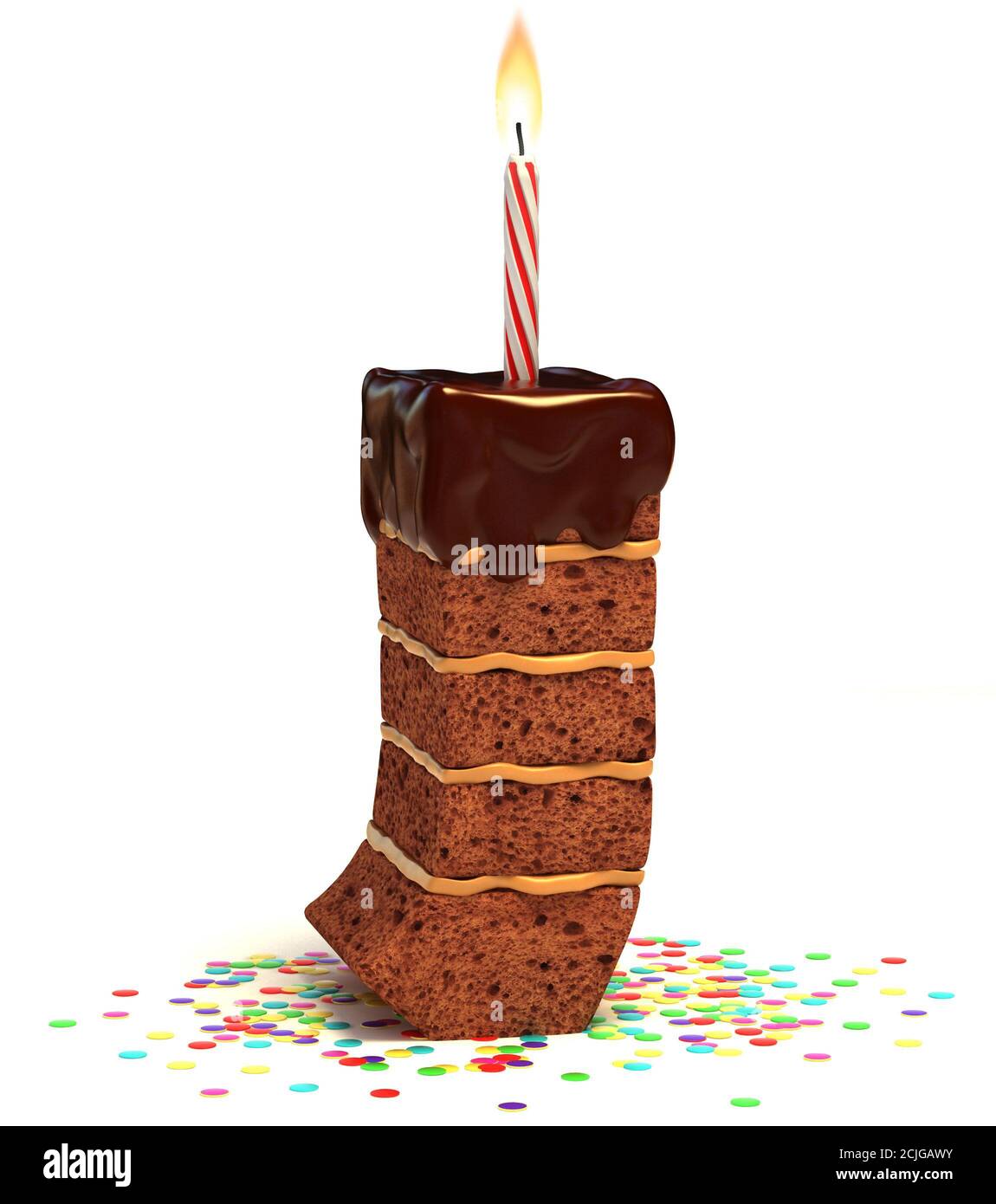 chocolate birthday cake with lit candle and confetti 3d font letter J ...