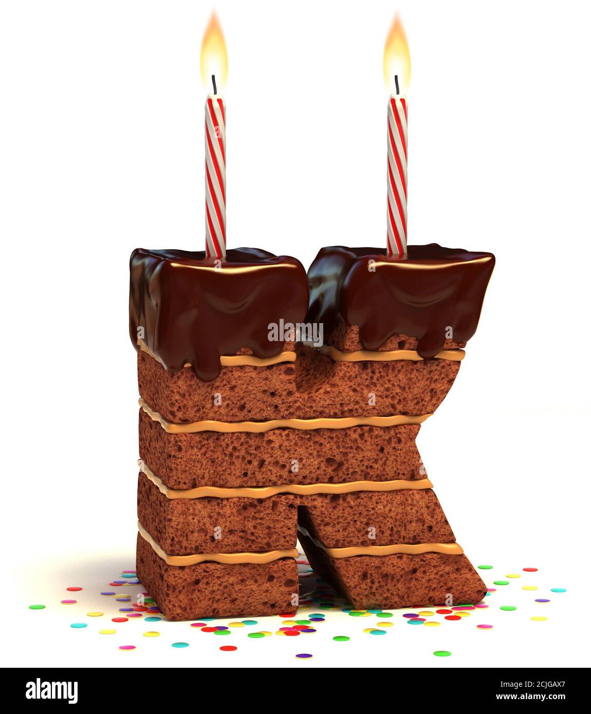 chocolate birthday cake with lit candle and confetti 3d font letter K ...