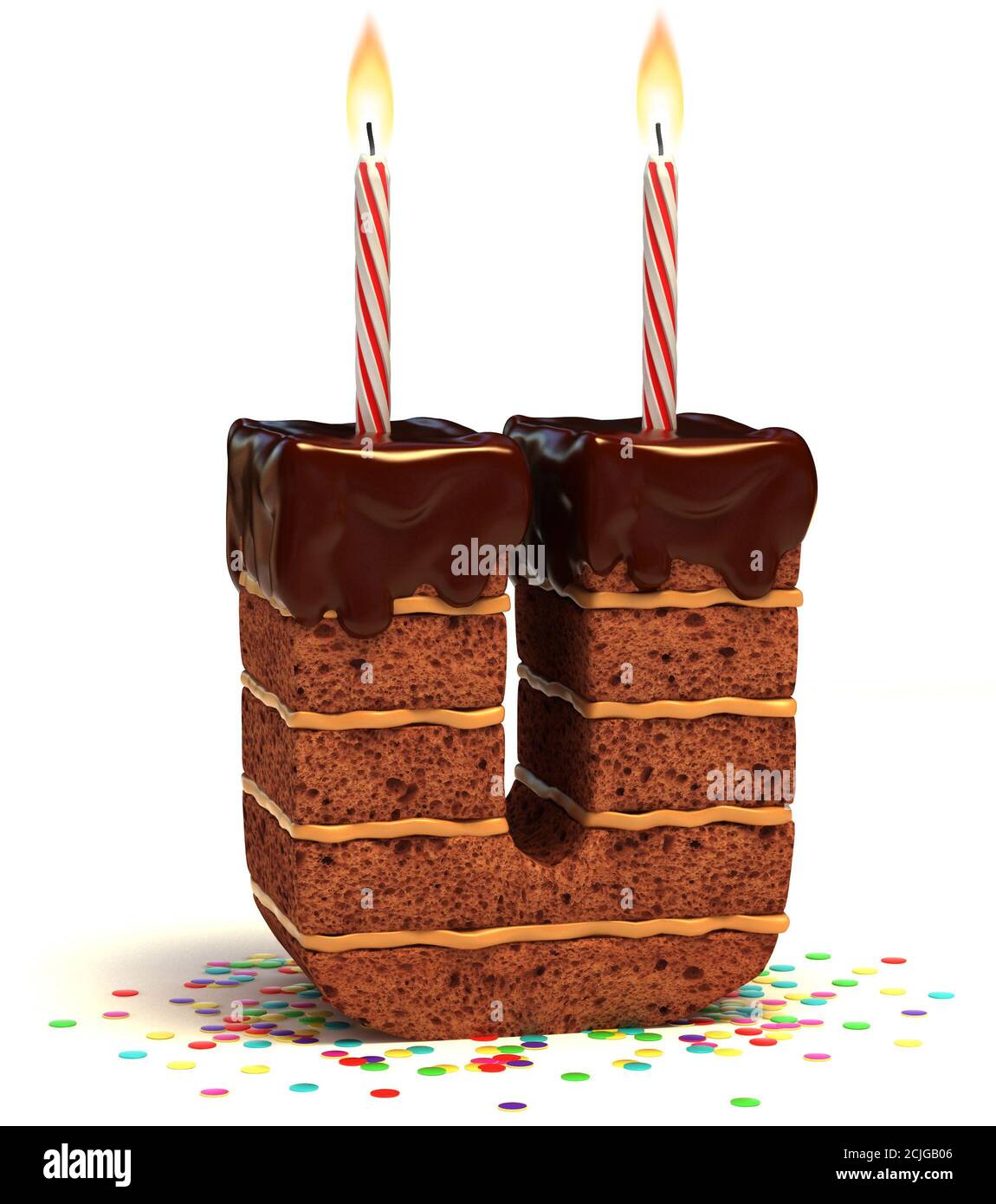 chocolate birthday cake with lit candle and confetti 3d font letter U ...