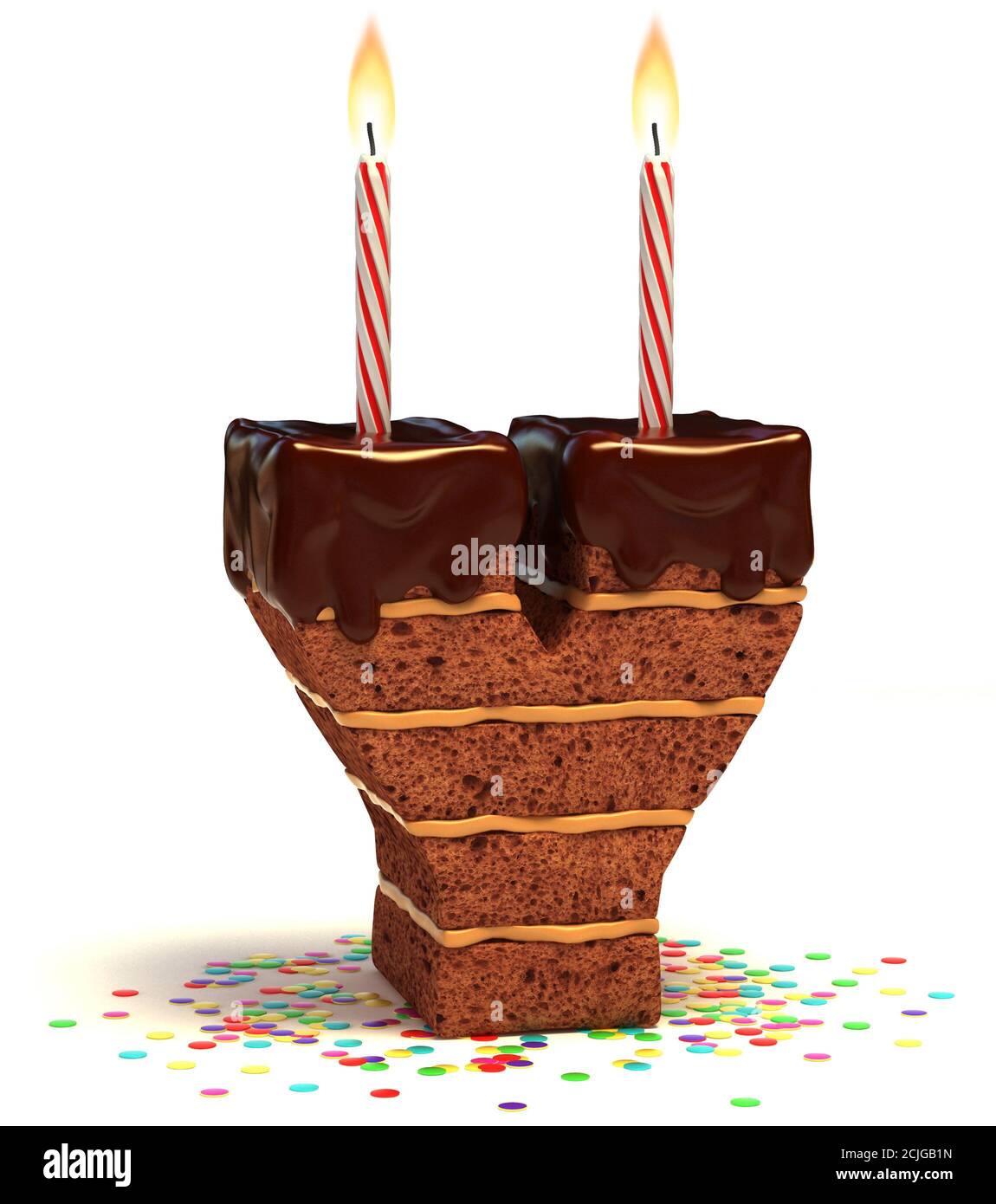 chocolate birthday cake with lit candle and confetti 3d font letter Y ...