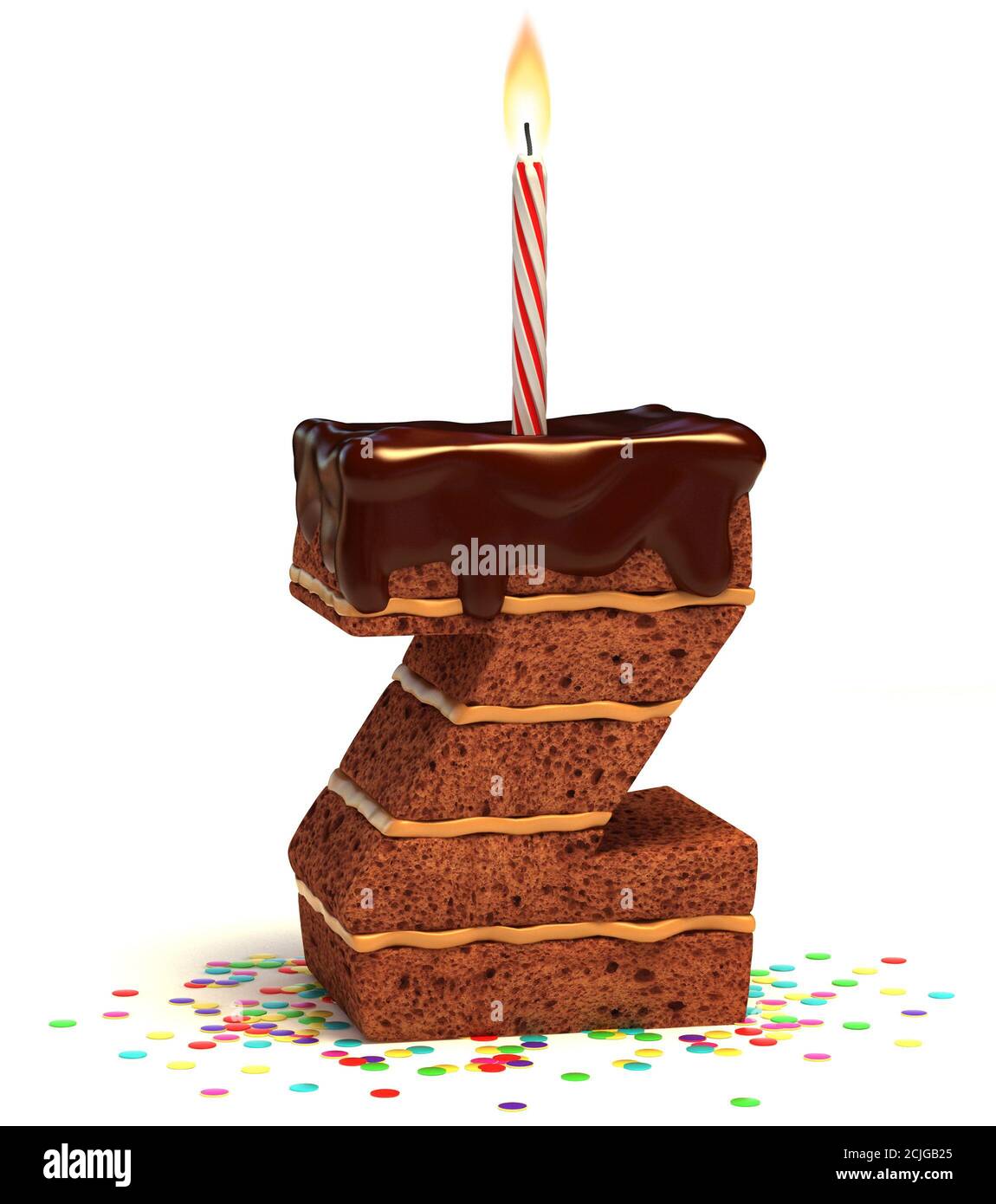 chocolate birthday cake with lit candle and confetti 3d font letter Z ...