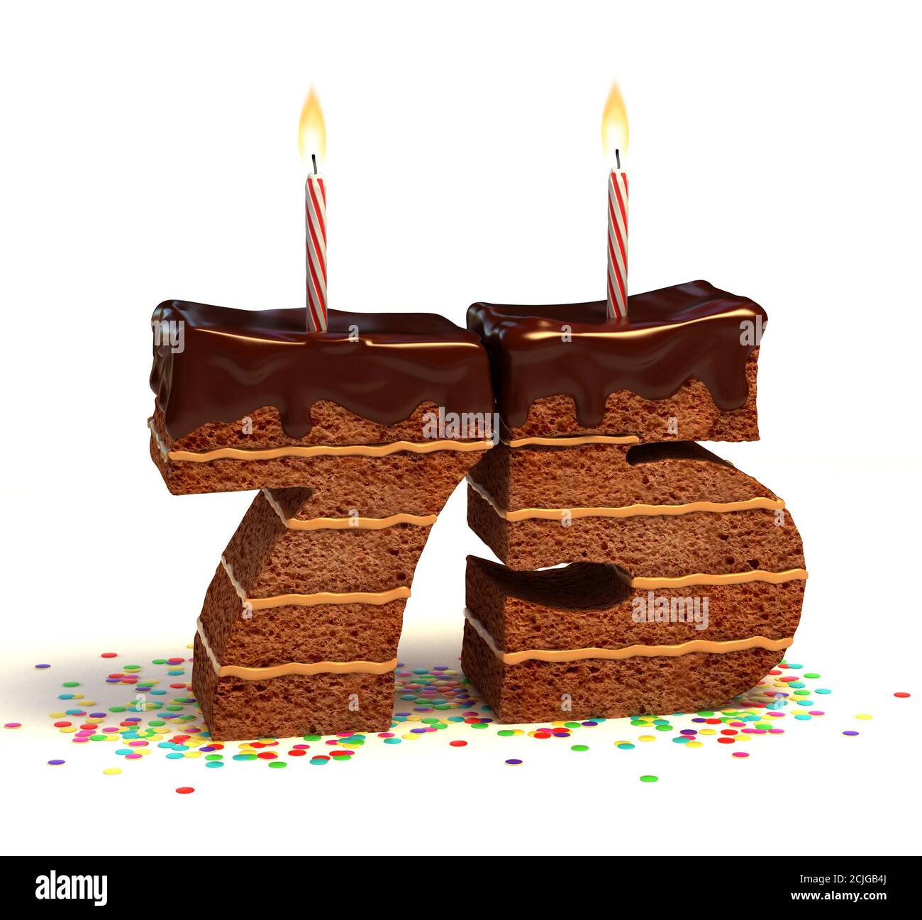 chocolate birthday cake with lit candle and confetti 3d font number 75 ...