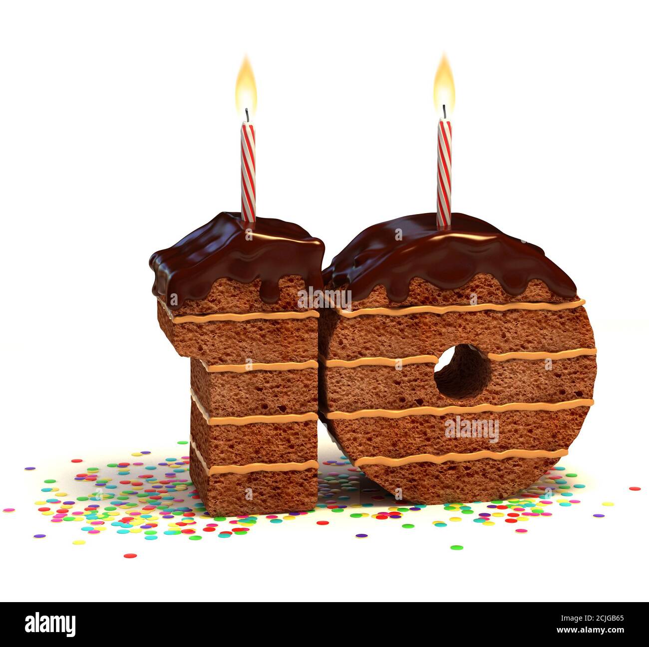 chocolate birthday cake with lit candle and confetti 3d font number 10 ...
