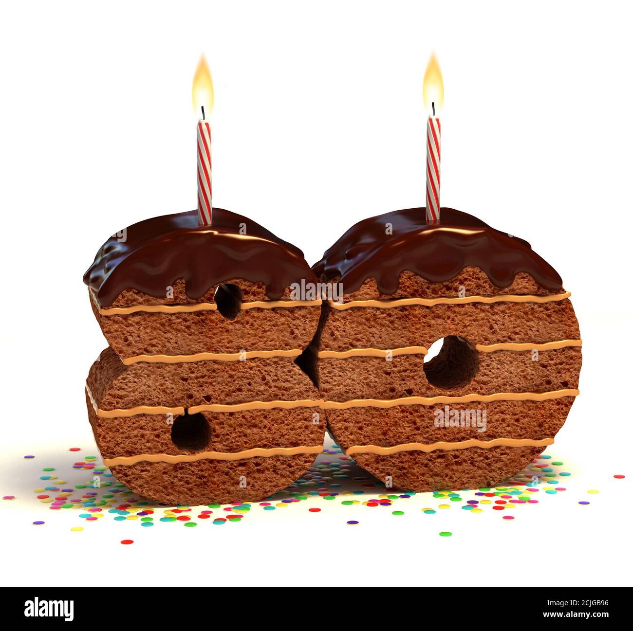 chocolate birthday cake with lit candle and confetti 3d font number 80 ...