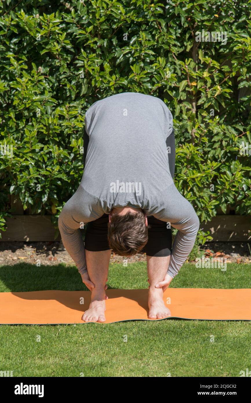 Vertical shot of a young fit male doing the forward fold yoga pose ...