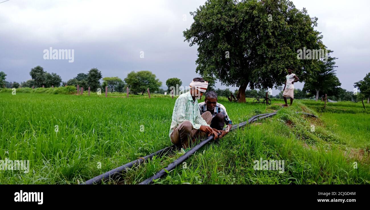 DISTRICT KATNI, INDIA - AUGUST 03, 2019: Indian village farmers fixing ...
