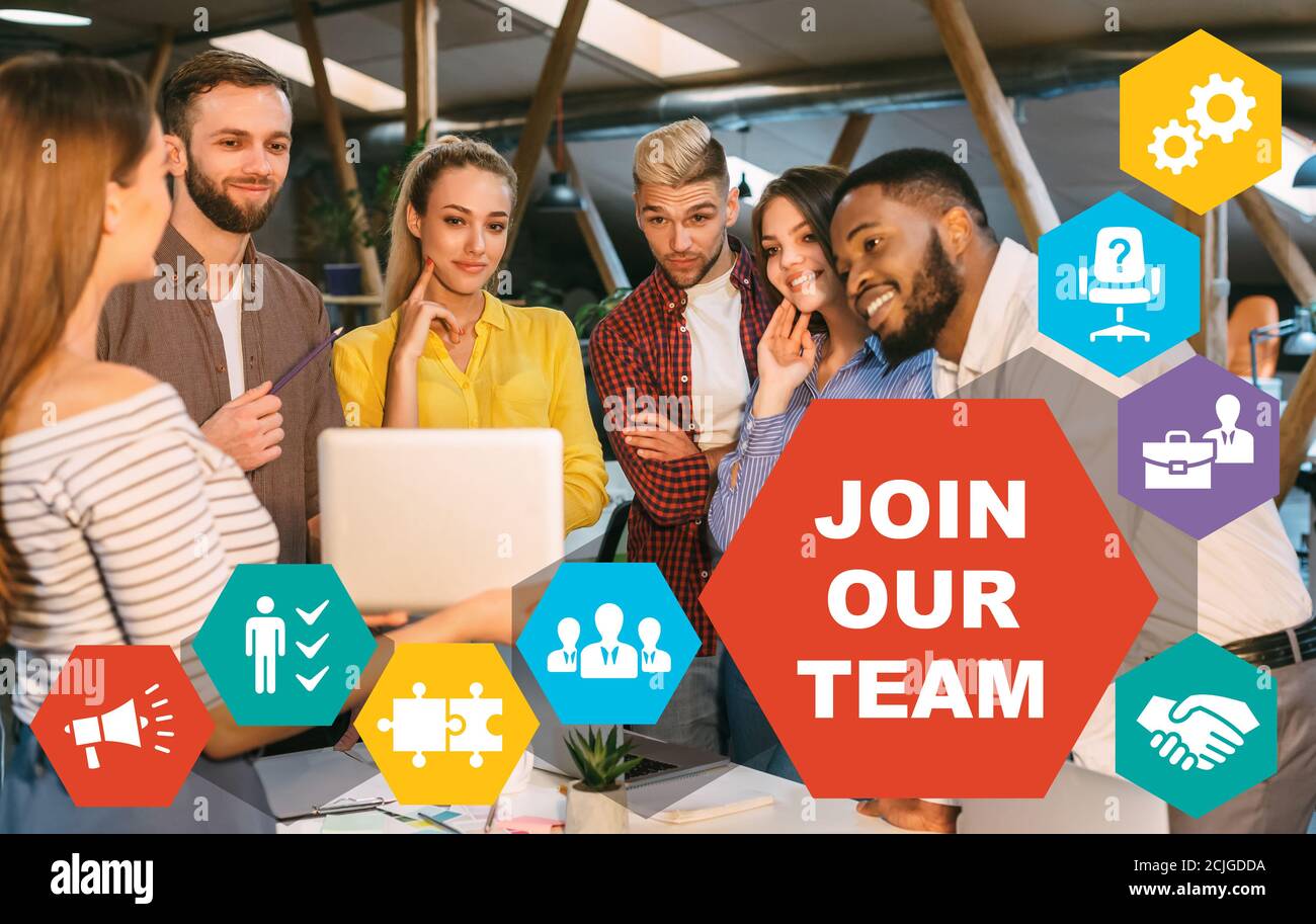 Join Our Team Banner. Woman Showing Headhunting Website On Digital ...