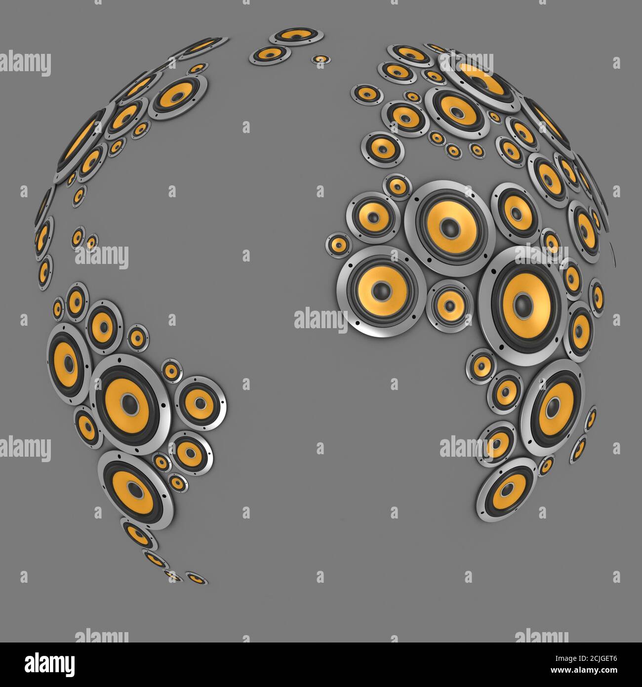 planet of sound 3d illustration - many loudspeakers forming the world ...