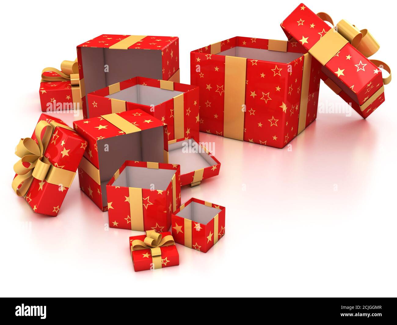 open red gift boxes with golden ribbon over white background 3d ...