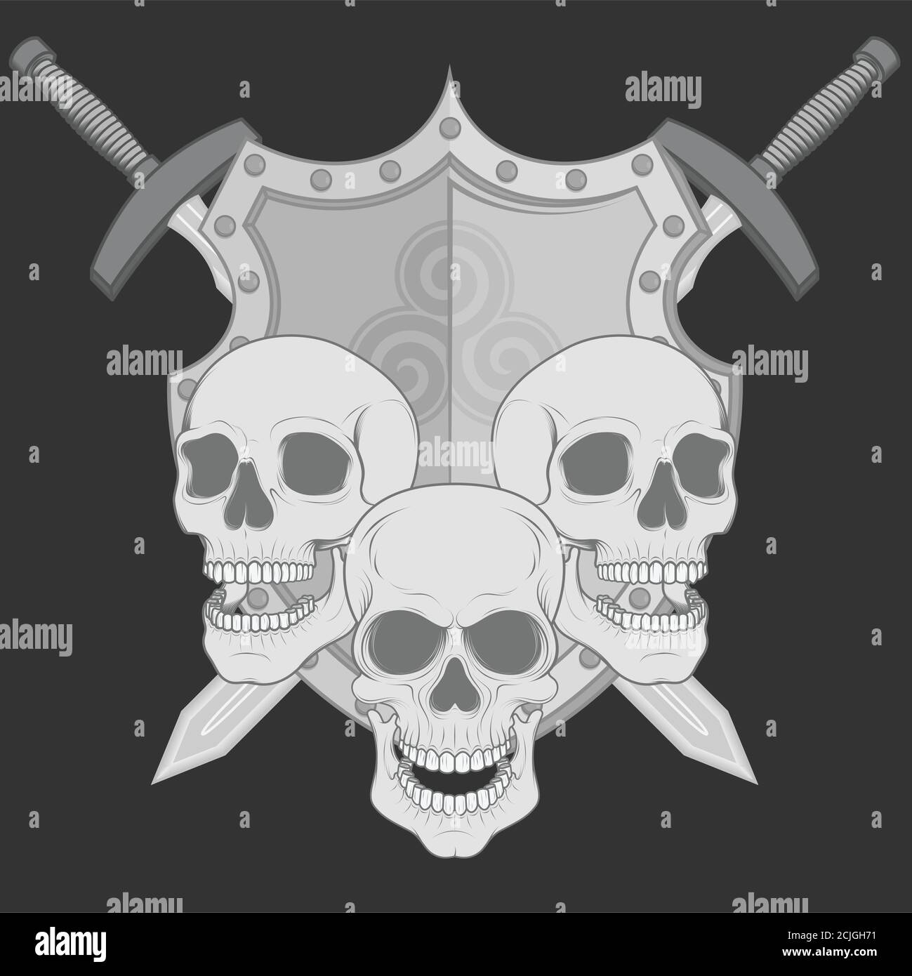 Illustration of skulls shield and swords, traditional art Stock Vector ...