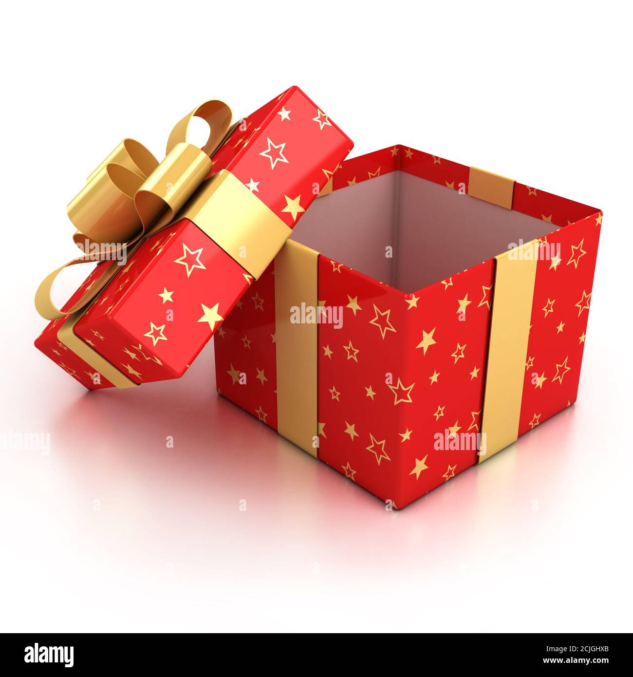 open red gift box with golden ribbon over white background 3d ...