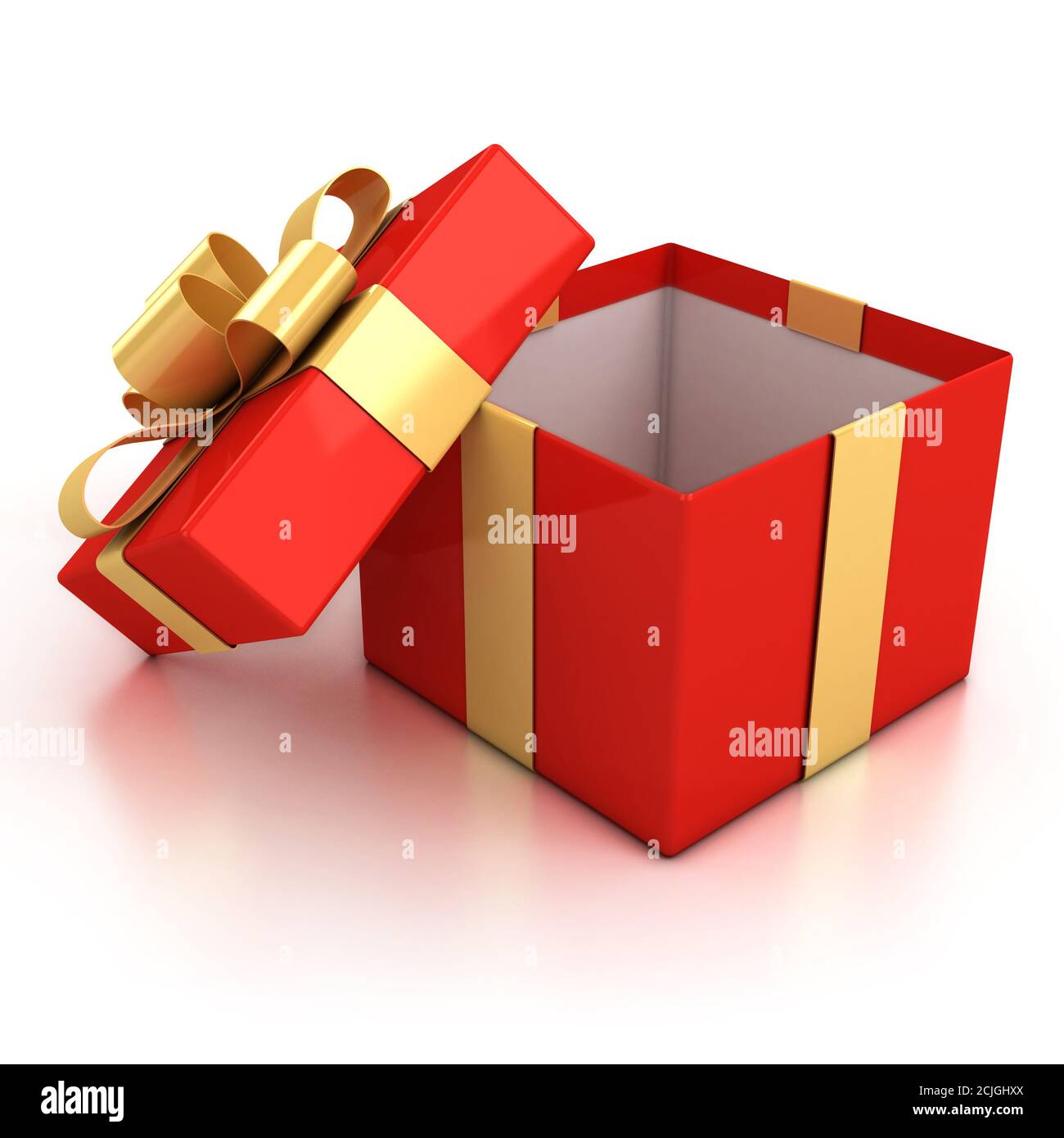 open red gift box with golden ribbon over white background 3d ...