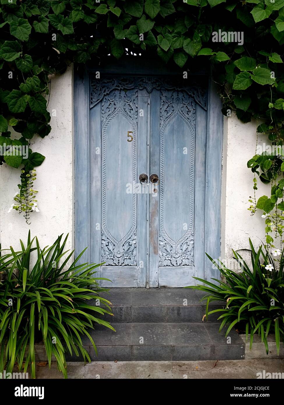 Ornate light Blue door with flowers, Bali, Indonesia Stock Photo - Alamy