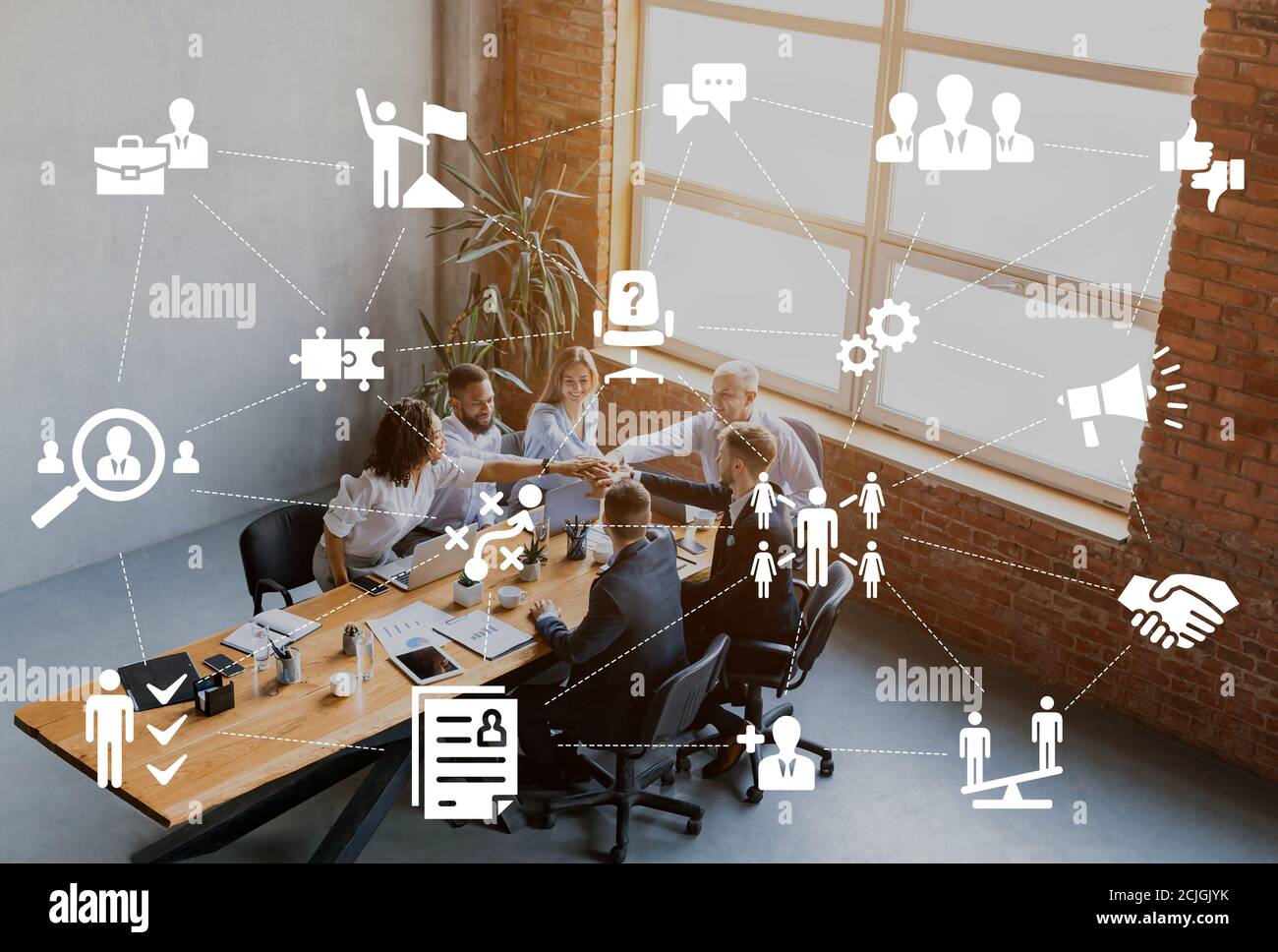 Business Networking. Multiracial Coworkers Holding Hands Sitting At ...