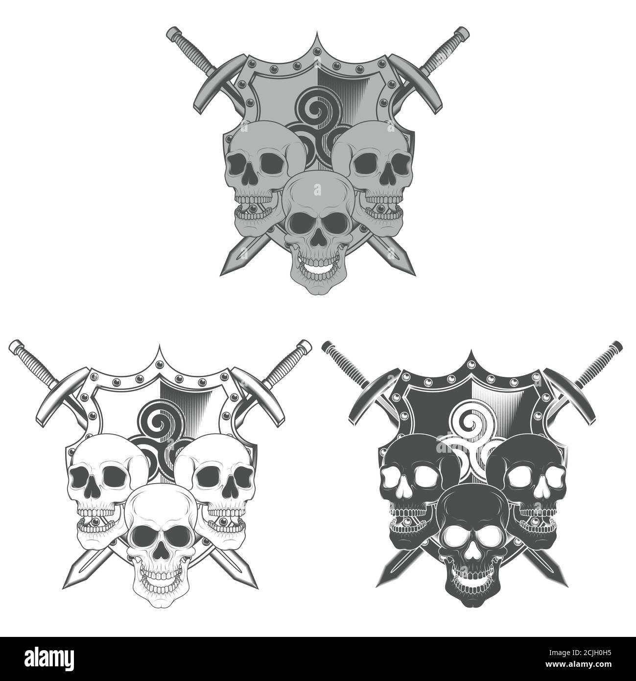 Illustration of skulls shield and swords, traditional grayscale art ...