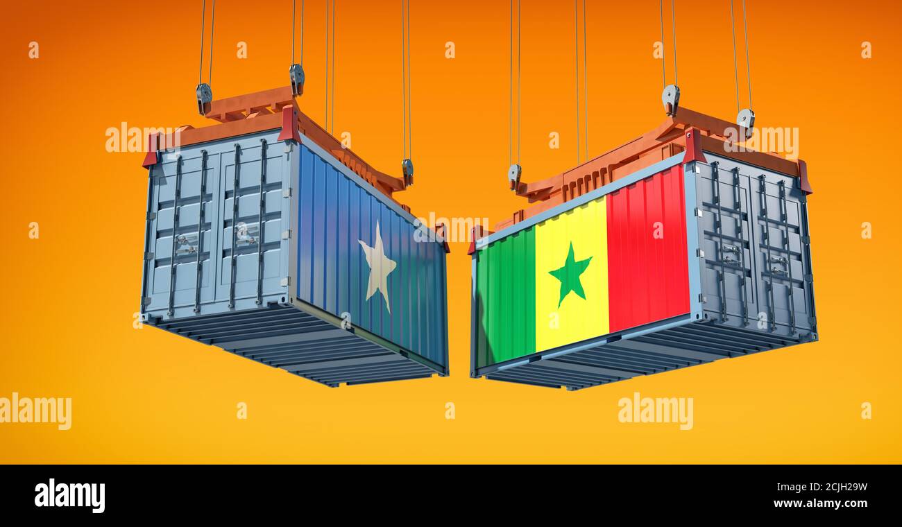 Cargo containers with Somalia and Senegal flag. 3D Rendering Stock ...