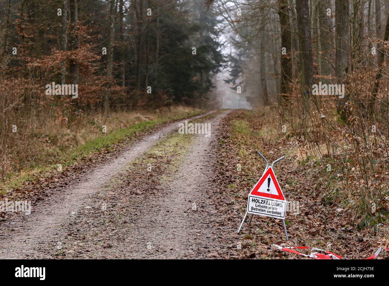 Pathway with a Danger sign in the forest Stock Photo - Alamy