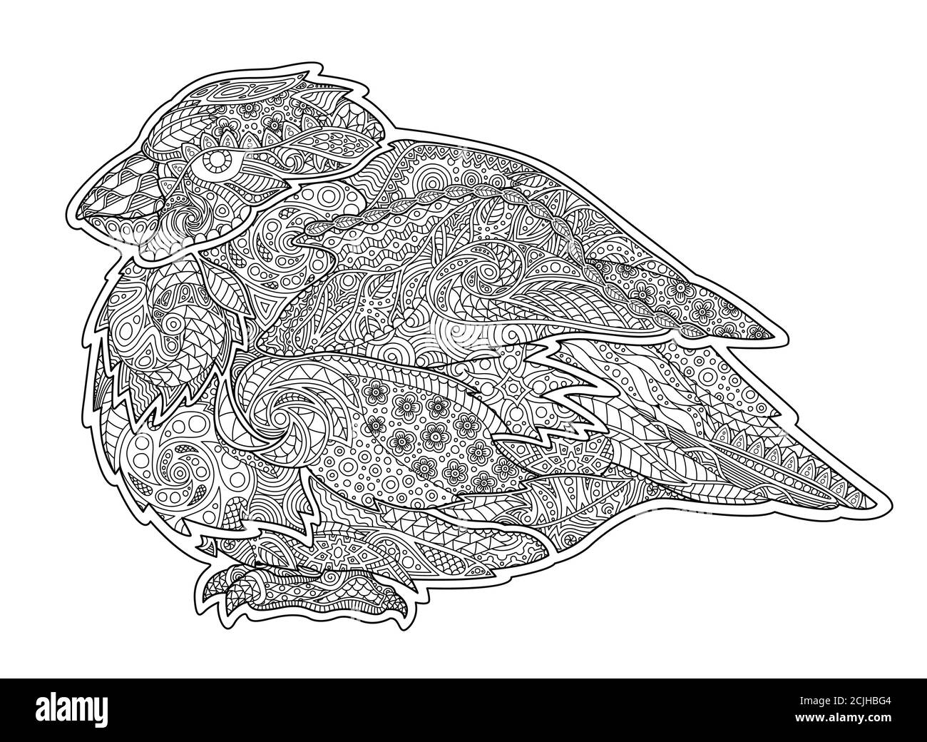 Beautiful adult coloring book page with serious little bird on white ...
