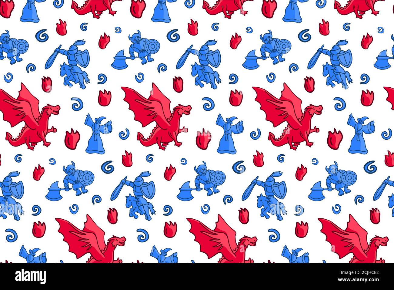 Beautiful seamless funny pattern with cartoon fantasy heroes and dragon ...